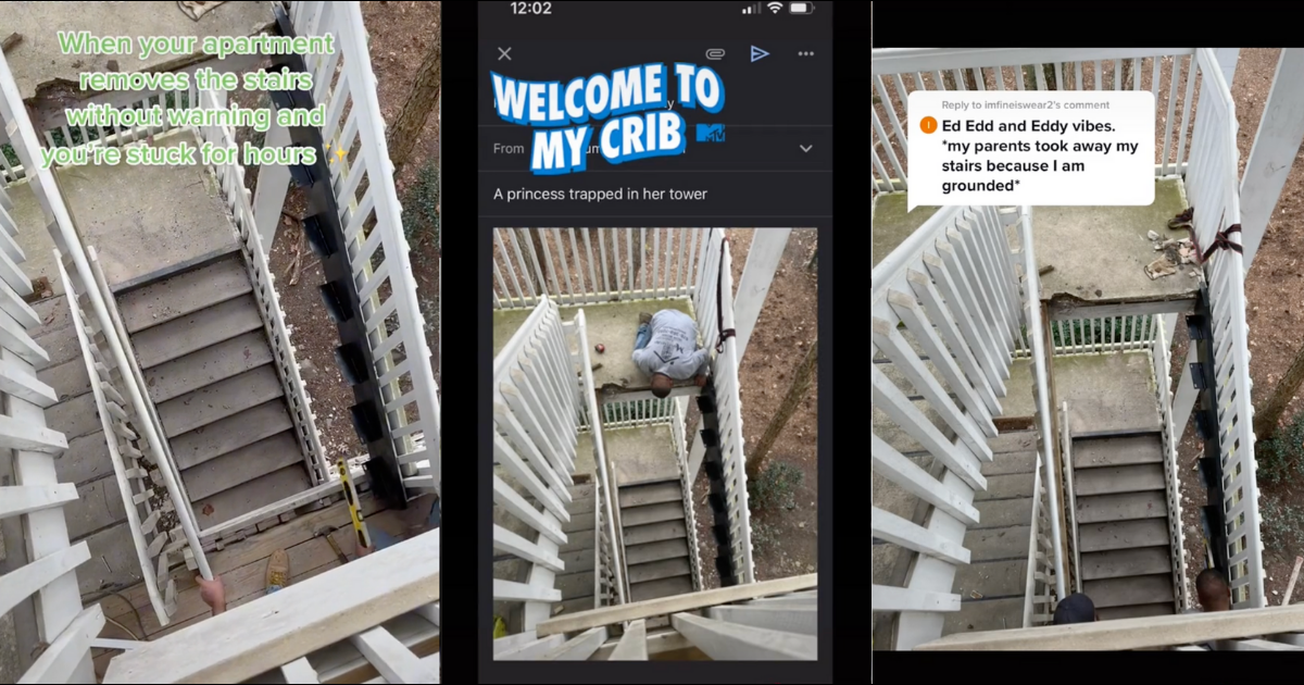 Funny Moment When Woman Realizes Stairs Disappear During Construction ...